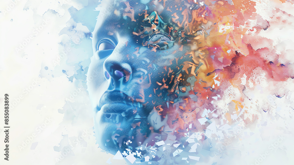 Abstract digital art of a human face dissolving into colorful particles ...