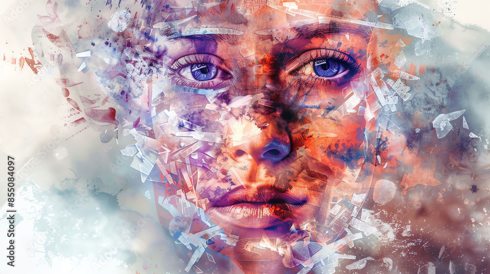 Abstract digital art of a human face with vibrant colors and geometric ...