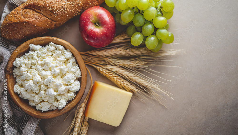 Shavuot greeting card template with cottage cheese, grapes, bread, and ...
