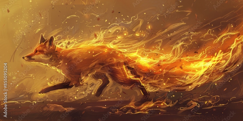 Flaming Tail. A golden vixen with his flaming tail: flames and fire ...