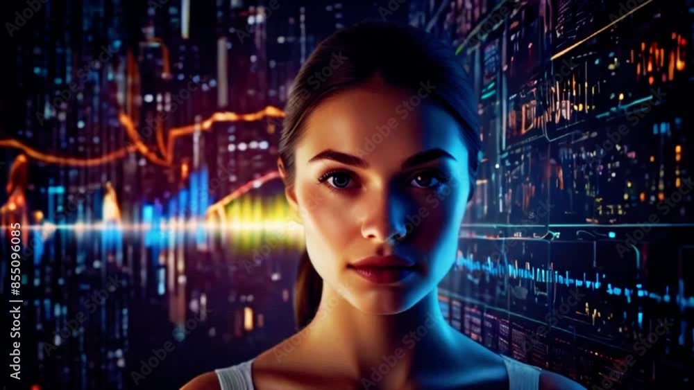 Big data technology and data science woman abstract background. Data scientist querying ...