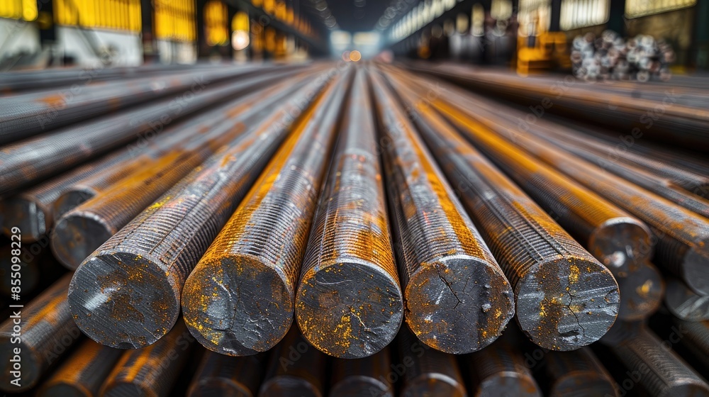 A detailed image of steel round bars stacked in rows in a warehouse ...