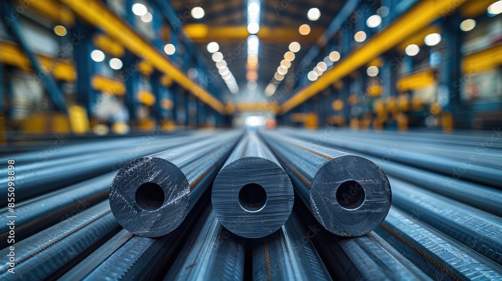 A detailed image of steel round bars stacked in rows in a warehouse ...