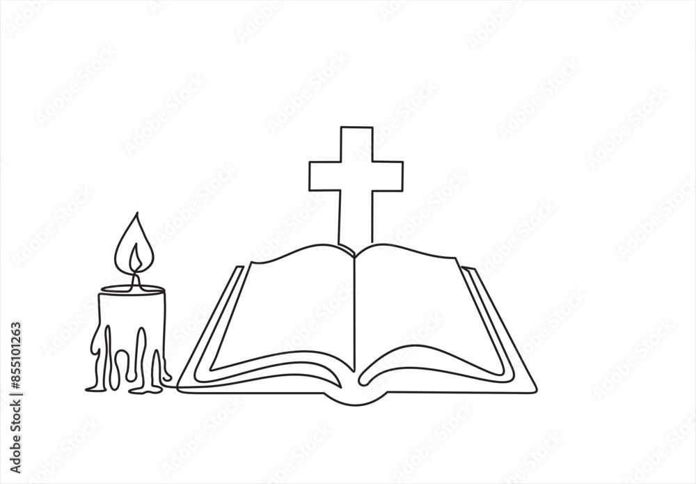 Continuous one line drawing silhouette of Bible and candle. Bible ...