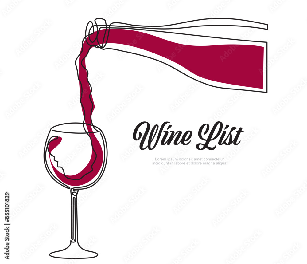 Wine list. Continuous One line drawing of Prosecco glass. The process of pouring wine into a ...