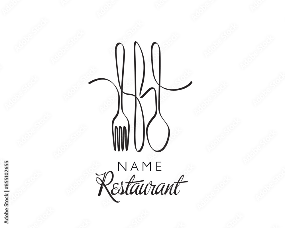 Continuous one line drawing of spoon, knife and fork. Restaurant menu ...
