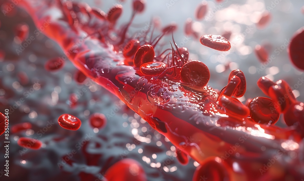 A detailed 3D representation of an artery filled with red blood cells ...