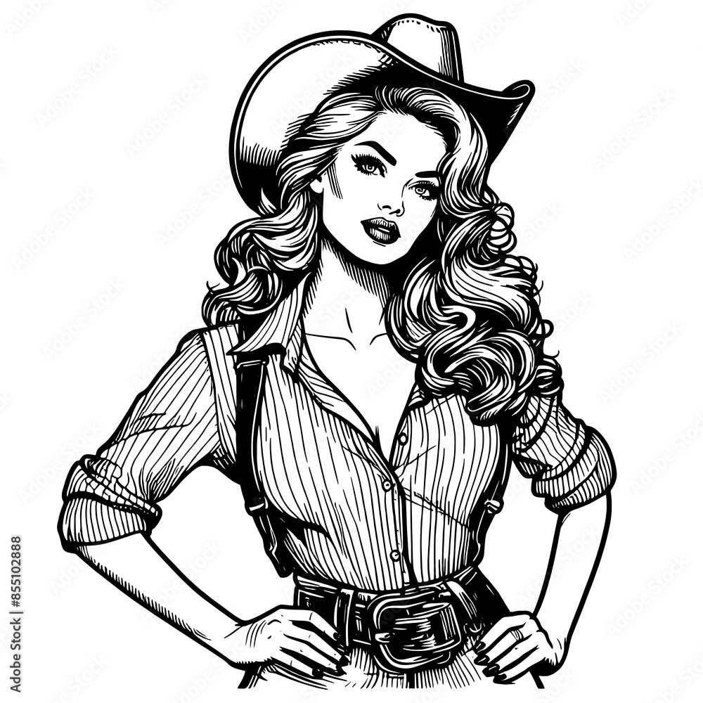 cowgirl wearing a cowboy hat and classic Western attire sketch ...