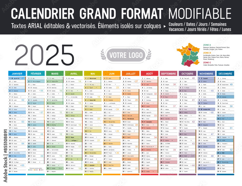 Calendrier Français 2025 modifiable, grand format France, éléments ...