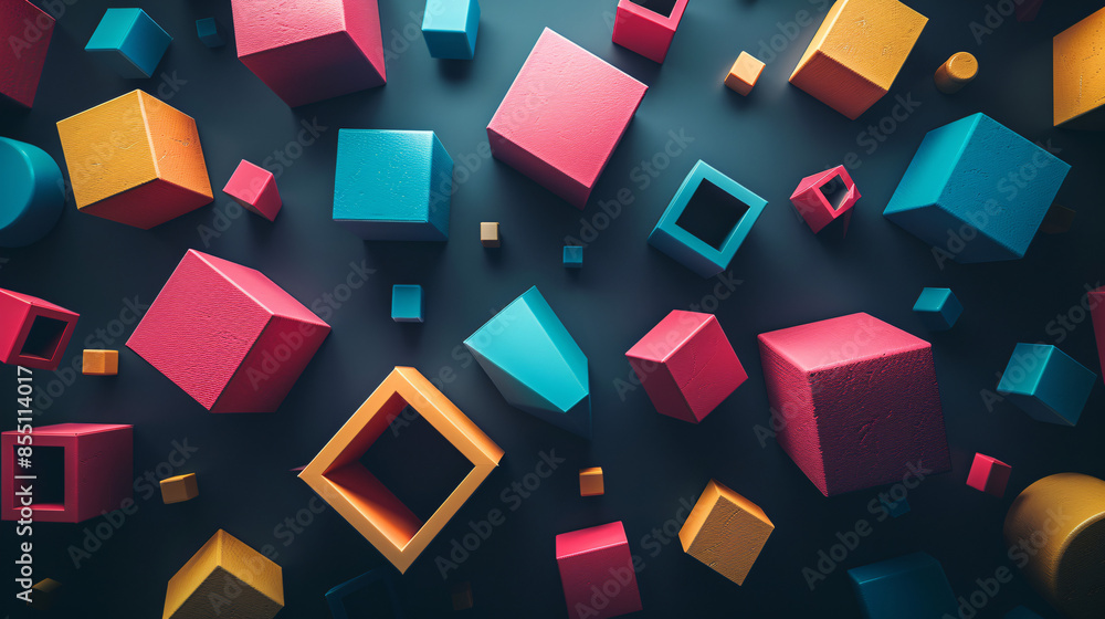 3D geometric shapes in various colors floating on a dark background ...