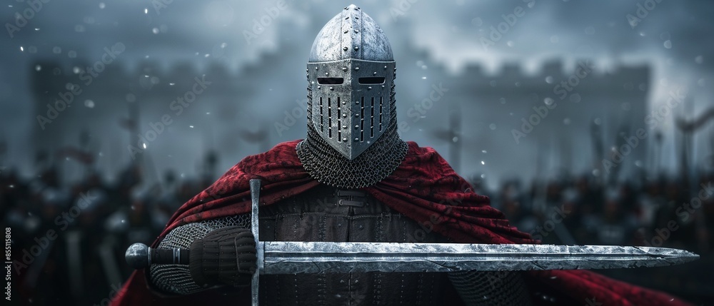Crusader knight in full regalia, gripping a sword with his cape flowing ...