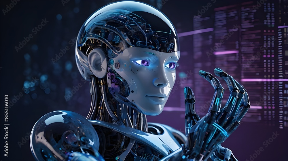 Futuristic robot with glowing blue eyes standing in front of a digital ...
