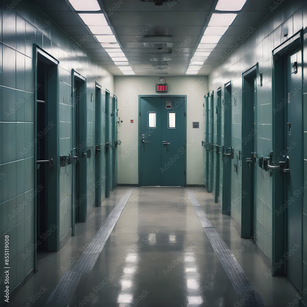 An empty prison hallway with rows of locked cell doors and fluorescent ...