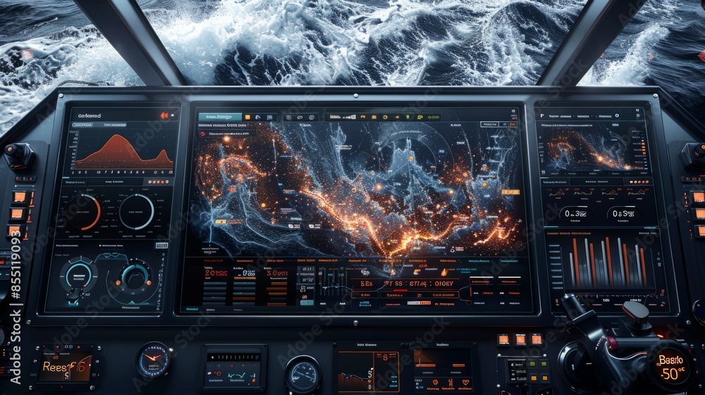 A modern ship cockpit with a large screen displaying real-time data ...
