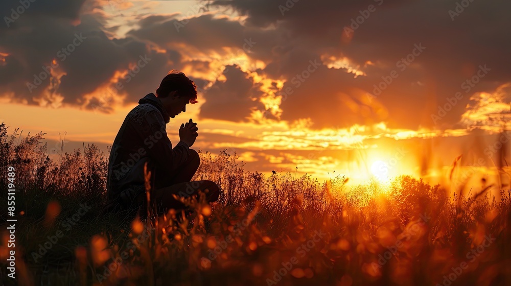 Christian prayer. Man or woman on knees praying, sunset in background ...