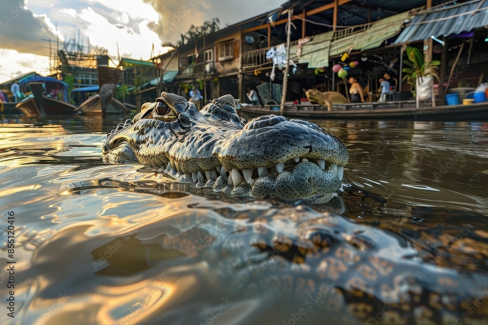 A menacing crocodile with sharp teeth partially submerged in water ...