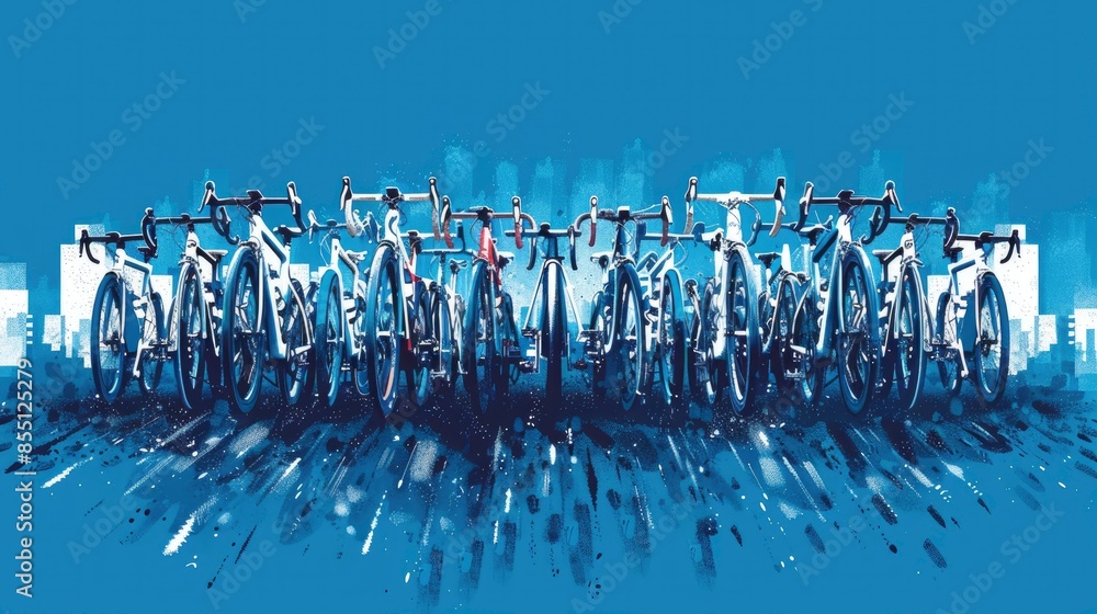 Vector illustration of multiple bicycles on a blue background, simple ...