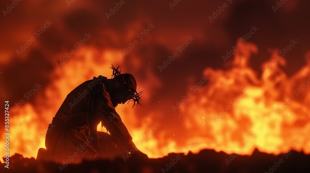 A man with a crown of thorns, in tattered garments, kneels amidst a ...