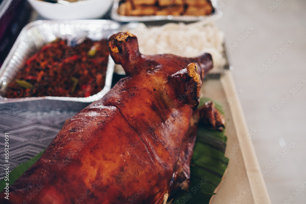 Closeup and back view of the popular, delicious and crispy roasted pig ...