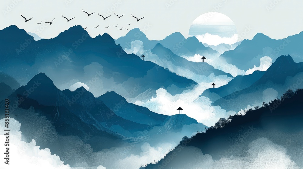 Vector illustration of multiple mountains on a teal background, simple ...