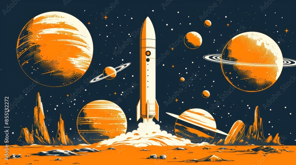 Vector illustration of multiple planets on a purple background, simple ...