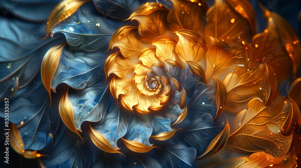 Abstract swirling metallic acanthus leaves in vibrant blue and gold ...