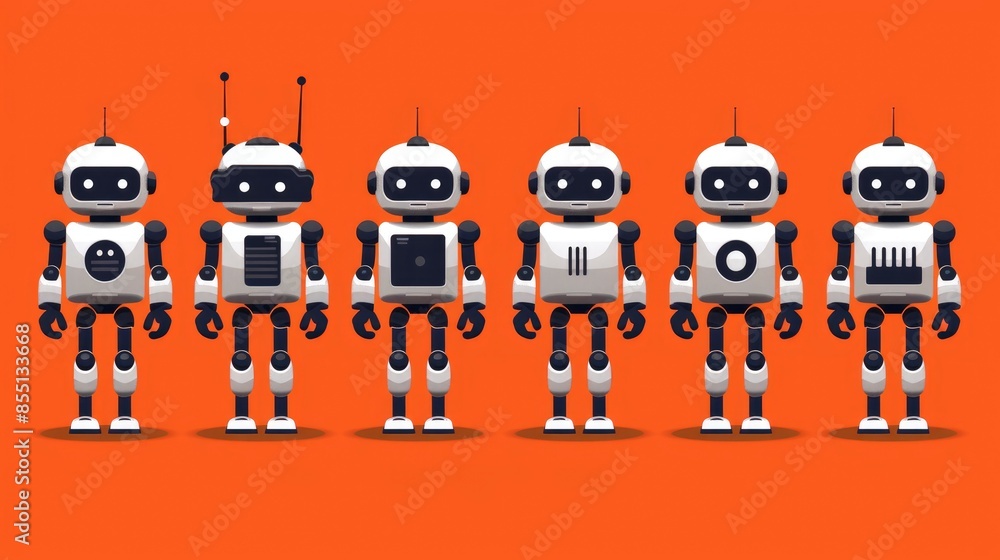Vector illustration of multiple robots on a red background, simple ...