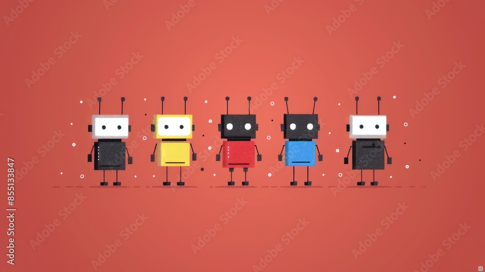 Vector illustration of multiple robots on a red background, simple ...