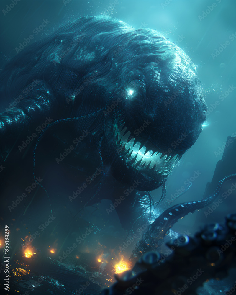 A terrifying underwater creature with bioluminescent features, swimming ...