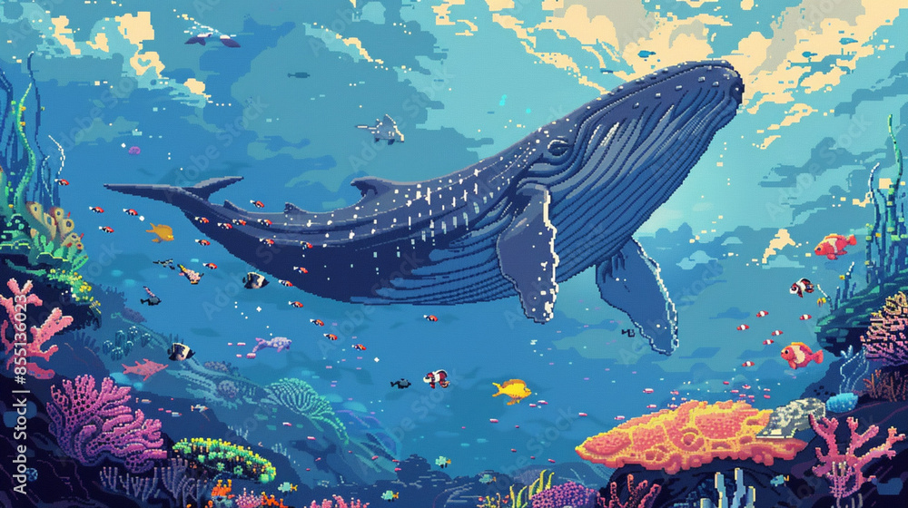 2d pixel art of whale and colorful coral and reef, underwater landscape ...
