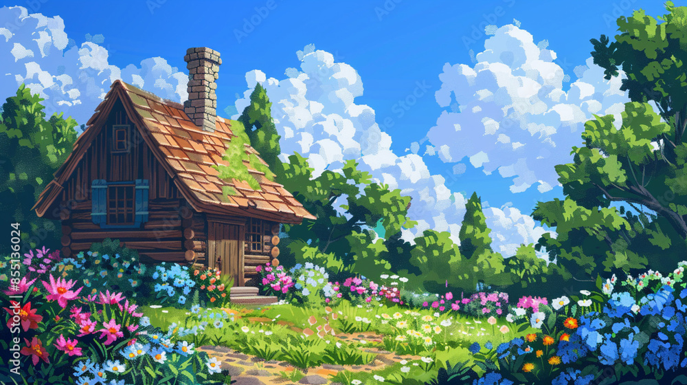 2d pixel art of wooden cottage with colorful garden, blue sky, game art ...
