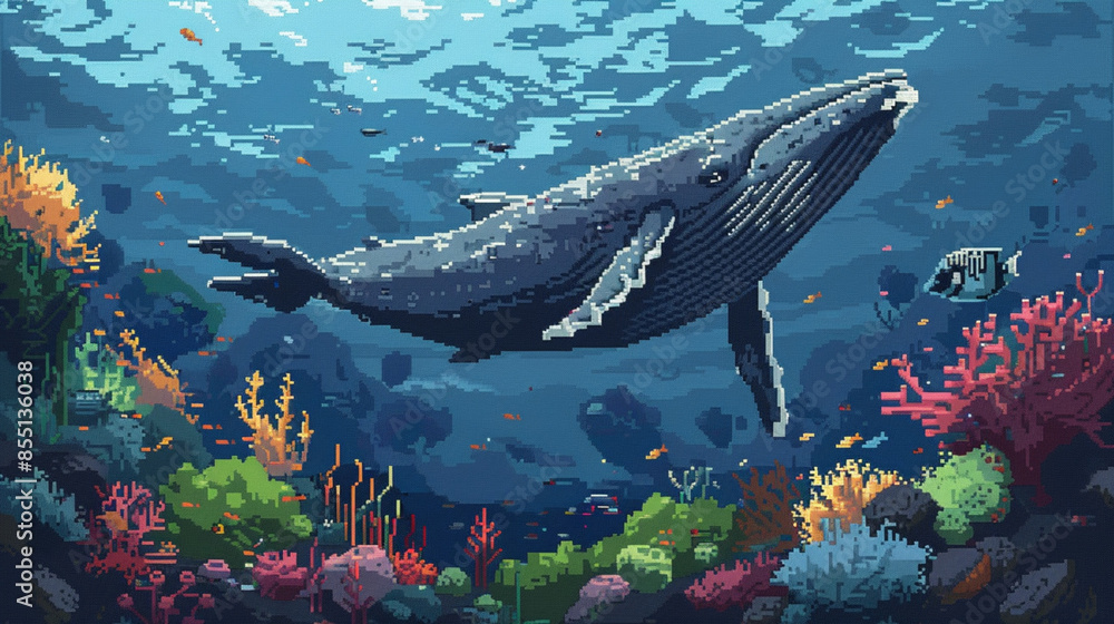 2d pixel art of whale and colorful coral and reef, underwater landscape ...
