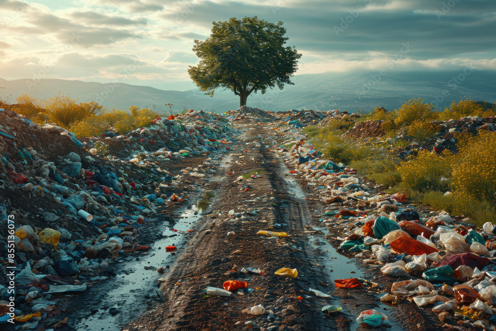 Lone tree amidst polluted land in scenic landscape Stock Photo | Adobe ...