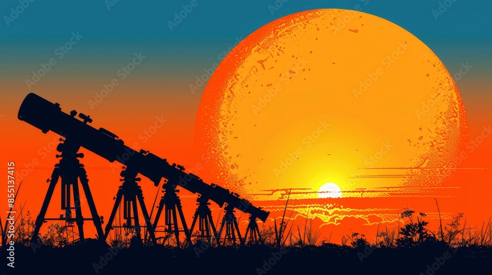 Vector illustration of multiple telescopes on a blue background, simple ...