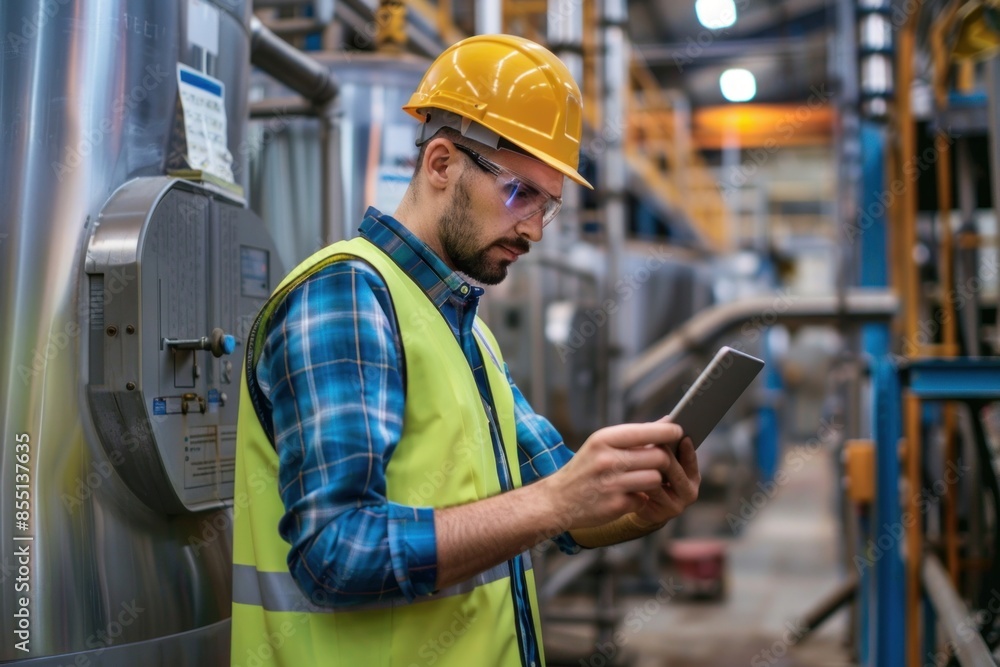 Serious thinking and focused engineer working in factory in hard hat ...