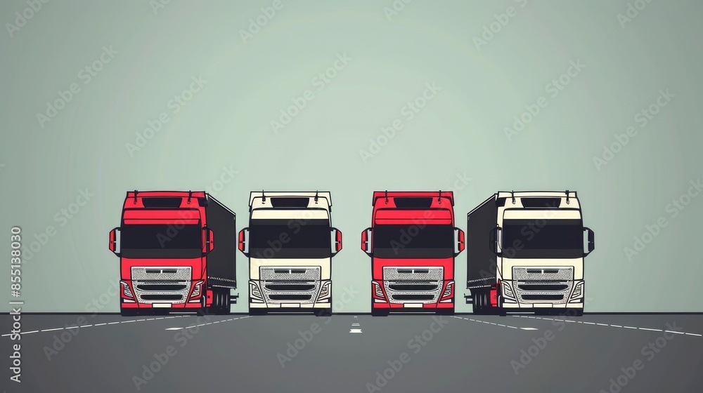 Vector illustration of multiple trucks on a green background, simple ...