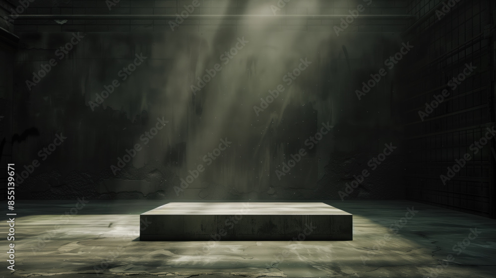 Empty space of Studio dark room with concrete stone stage or podium and ...