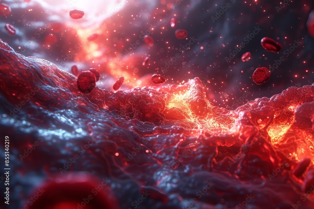 Intricate depiction of blood cells and plasma moving through the ...