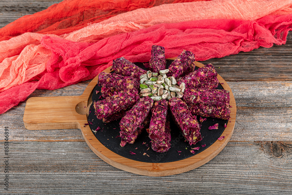 Rosy Turkish Delight with Pistachio and Rose. Sweet roll with roses and ...
