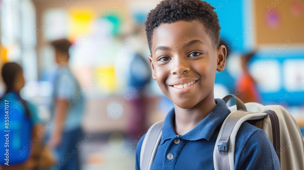 African American schoolchildren in school on a blurred classroom ...
