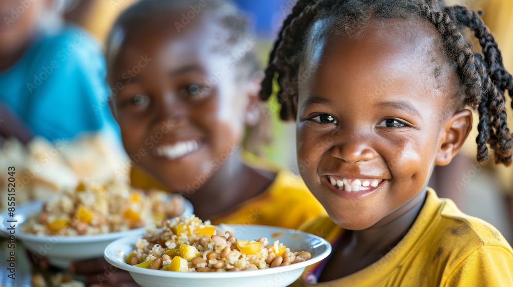 Happy poor african school children eating together. Problems of hunger ...