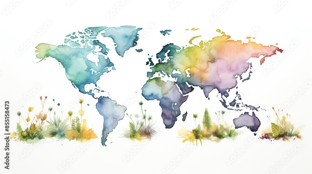 Watercolor painting of the world map with colorful abstract shapes ...