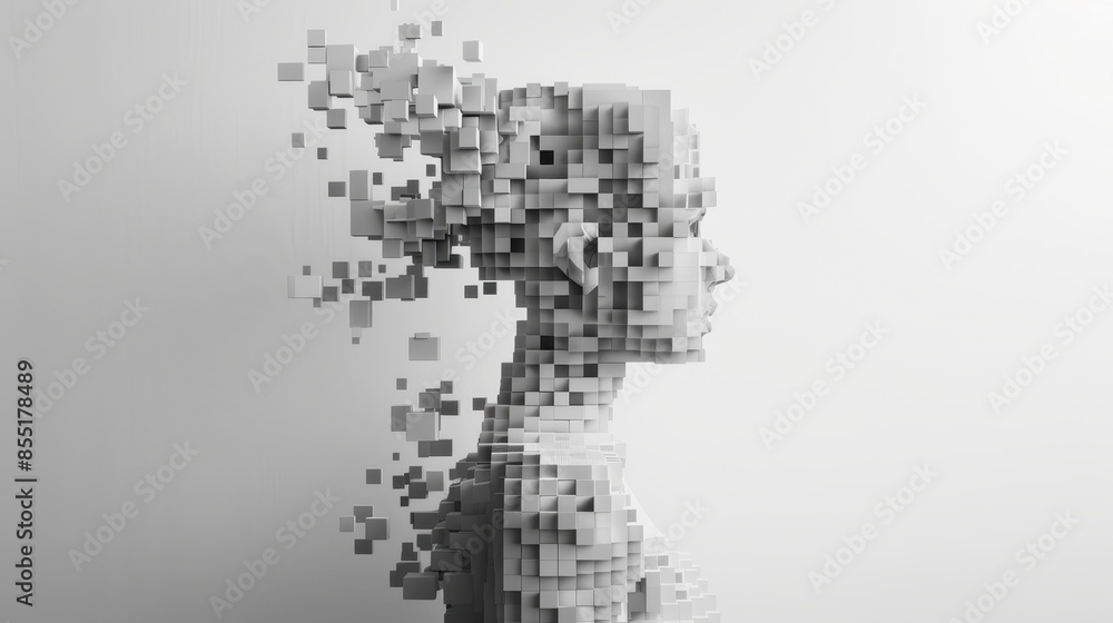 Grayscale profile of a human head that appears to be disintegrating or ...