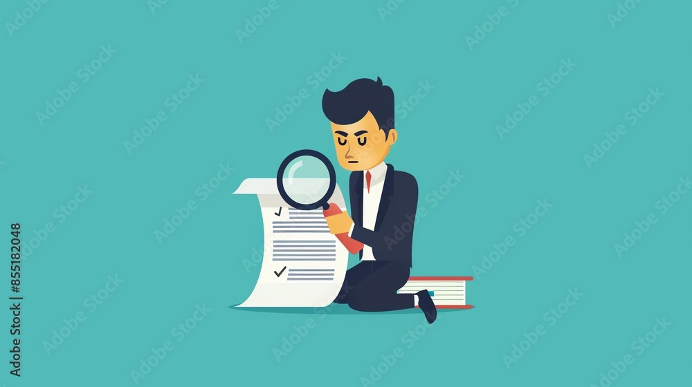 Cartoon of a businessman with magnifying glass analyzing a document ...