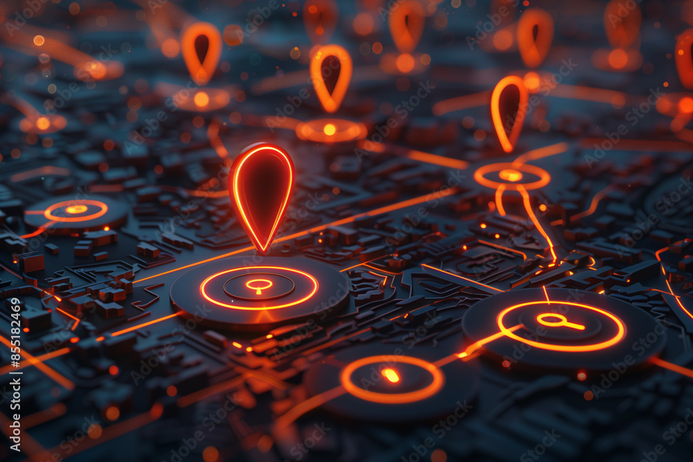 Futuristic Network Map with Glowing Location Markers on a Complex ...