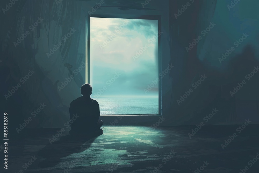 A lonely man sits in an empty room with a window overlooking the ocean ...