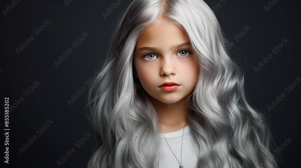 Portrait of a chic cute beautiful blonde child girl with long white ...
