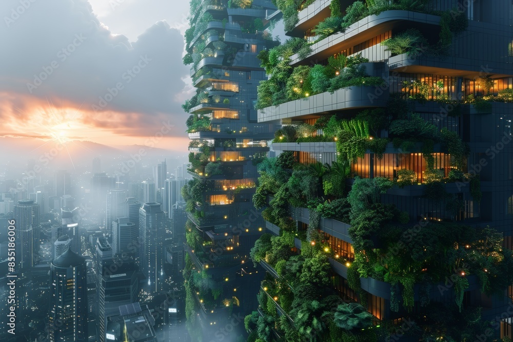 Innovative cityscape with structures enveloped in vertical gardens ...