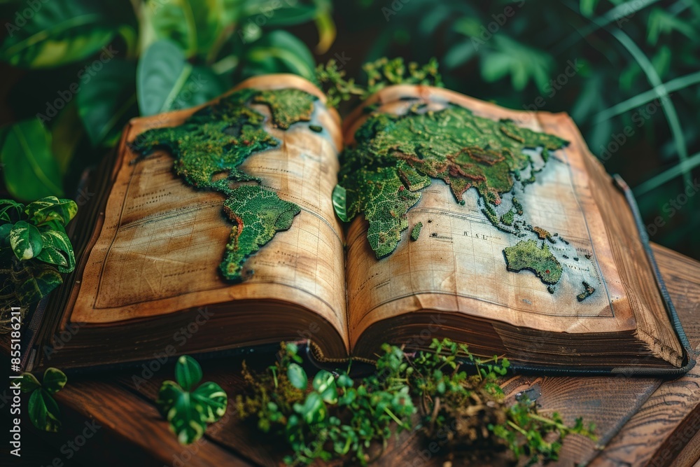 Antique open book with a 3D world map, surrounded by lush greenery ...