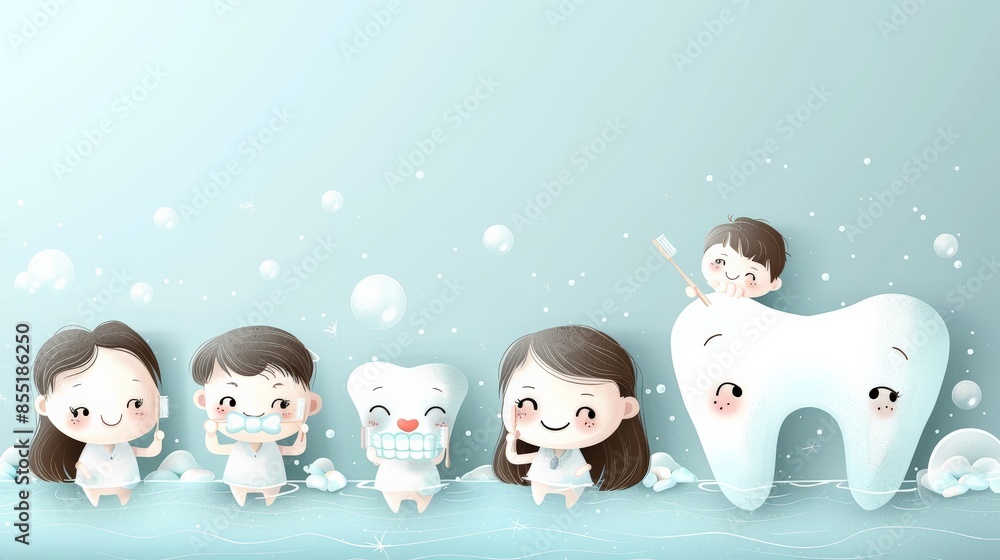 Cute cartoon characters, including children and a smiling tooth ...
